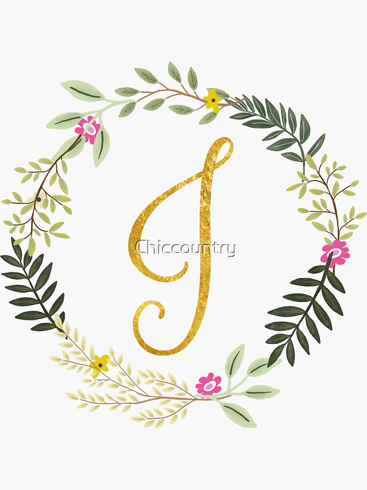 "Floral and Gold Initial Monogram J" Sticker by Chiccountry | Redbubble