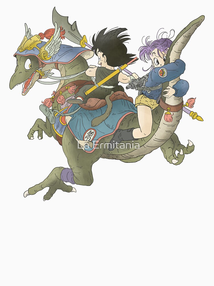 "Bulma and Goku - Dragon Ball riding a Dinosaur" T-shirt for Sale by ...