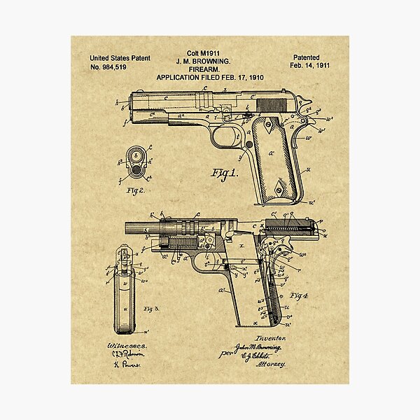 "Colt M1911 Browning Patent Print - Aged Paper Background" Photographic ...