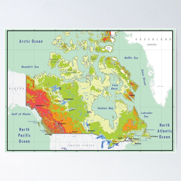 "Canada map, topographic map of Canada with names of the oceans, seas ...