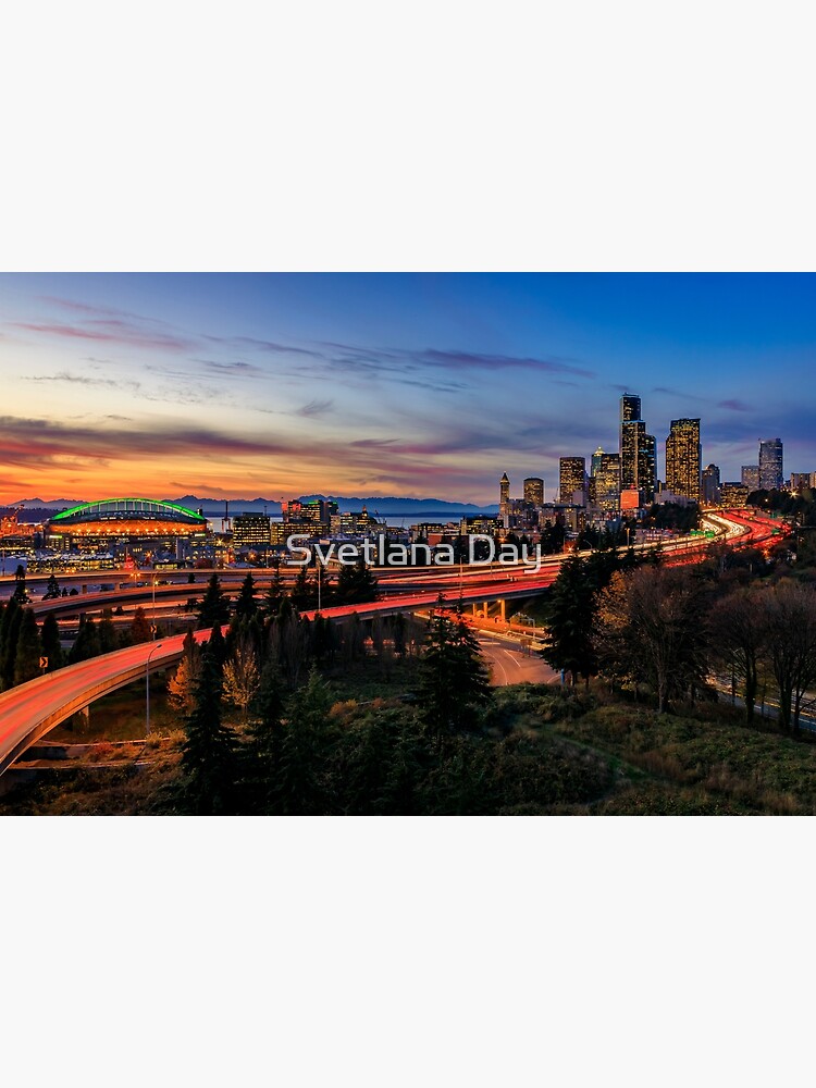 "Seattle downtown skyline beyond the I-5 I-90 freeway interchange at ...
