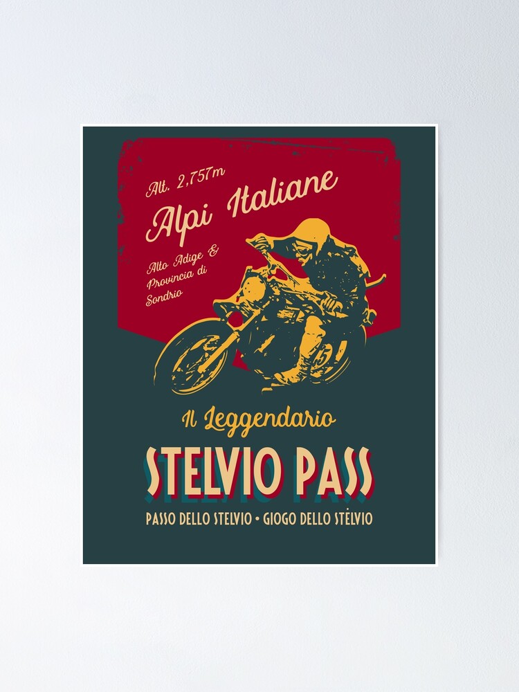 "Stelvio Pass Retro Motorcycle T-Shirt + Sticker" Poster by ROADTROOPER ...