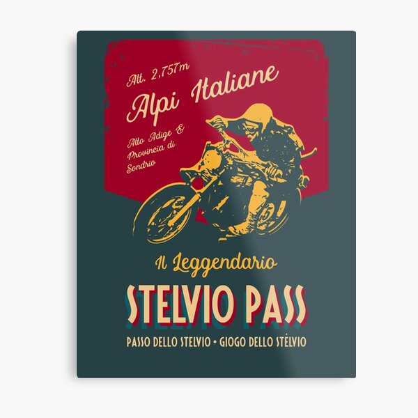 "Stelvio Pass Retro Motorcycle T-Shirt + Sticker" Metal Print for Sale ...