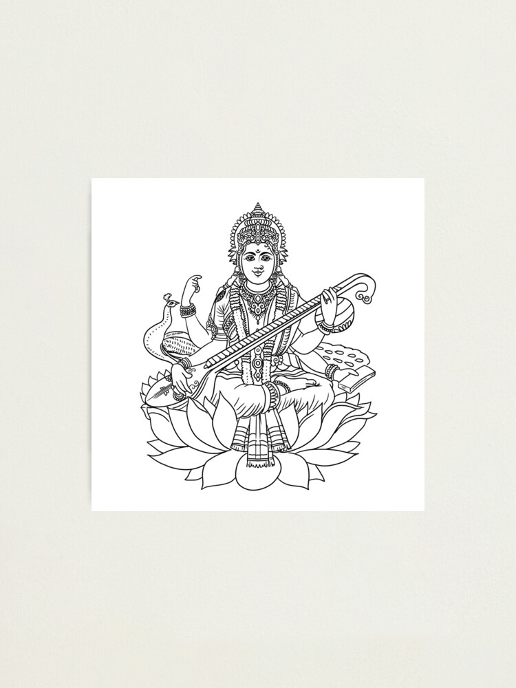 "Sarasvati vector illustration of line drawing of Hindu Goddess of ...