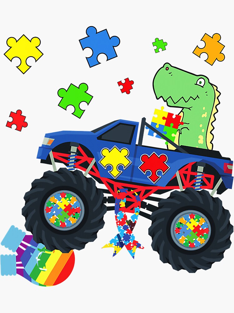 "Dinosaur Monster Truck Autism Awareness Puzzle For Boys" Sticker for ...