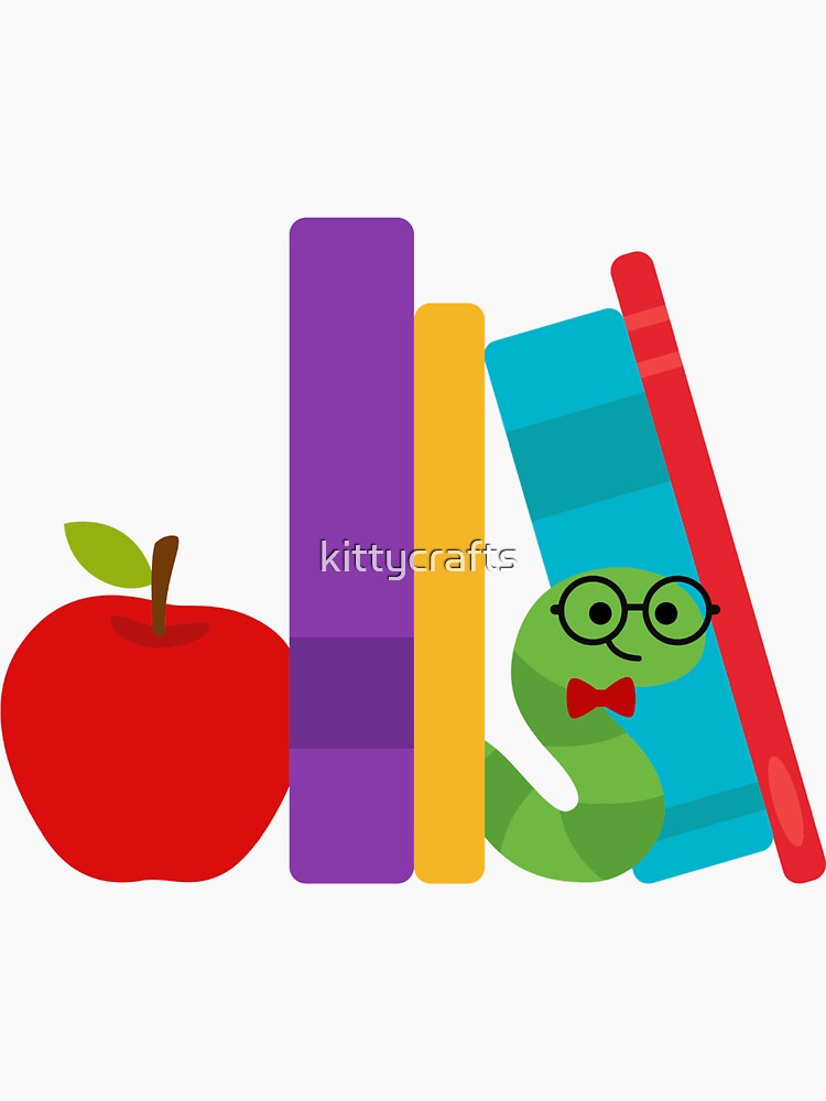 "Cute Bookworm With Books And Apple Sticker" Sticker by kittycrafts ...