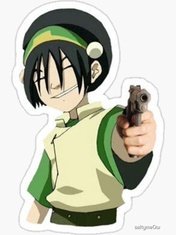 "toph smiling with gun funny meme " Sticker by saltyme0w | Redbubble