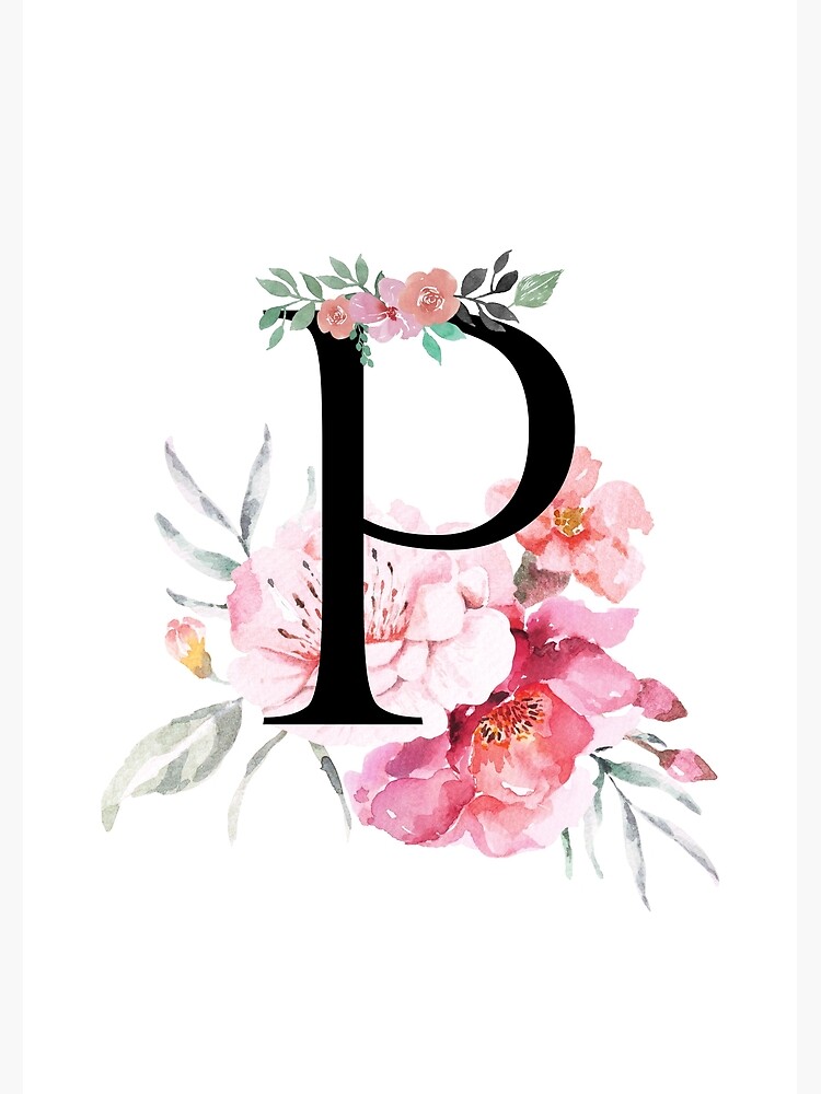Póster «Letra 'P' Alfabeto del monograma inicial con flores de acuarela ...