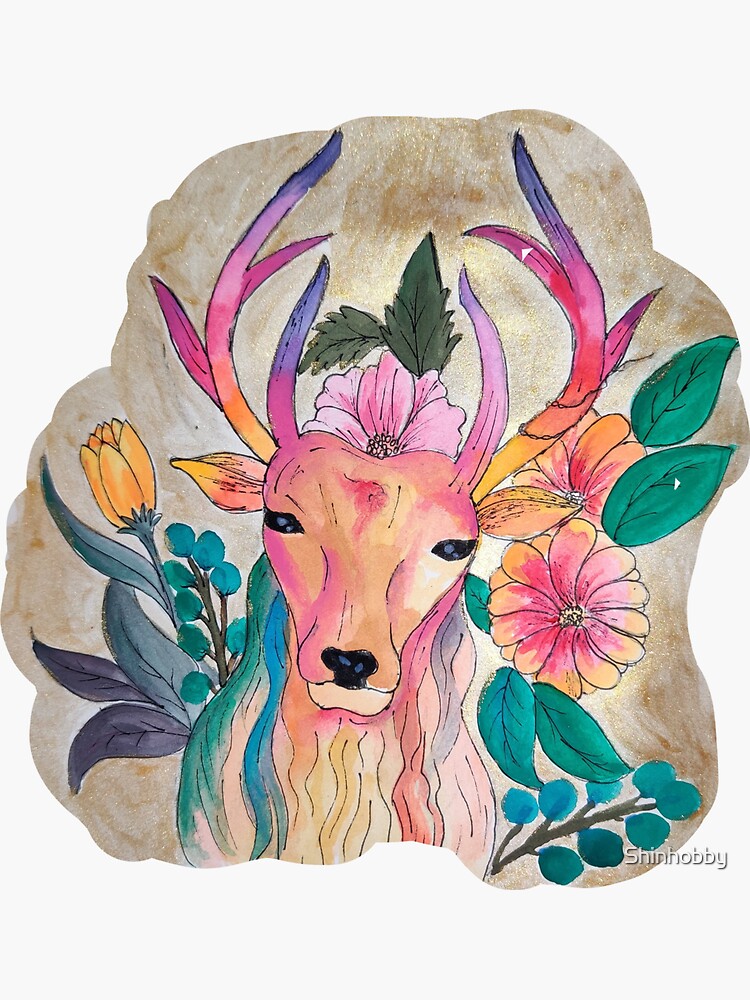 "Stag head in flowers painting" Sticker by Shinhobby | Redbubble