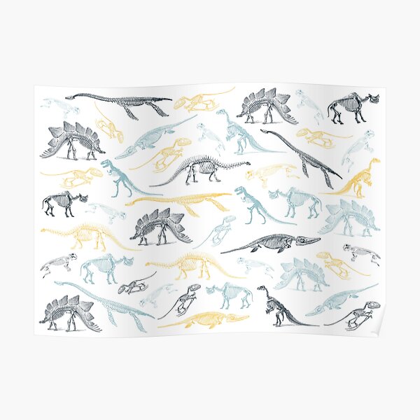 "Colorful yellow and green dinosaur skeleton fossils pattern" Poster ...