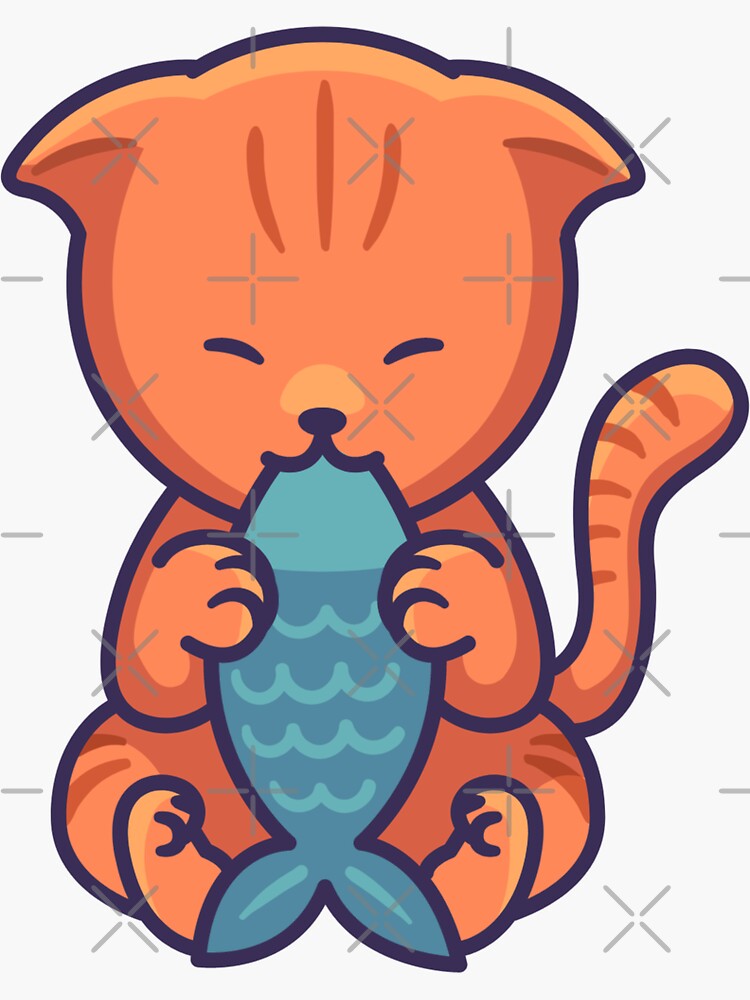 "Cute cat eating fish" Sticker for Sale by Neeslii | Redbubble
