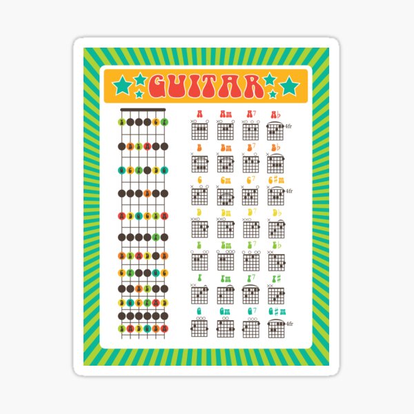 "Learn Guitar! Fun Rainbow Notes and Chords Chart" Sticker for Sale by ...