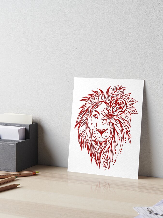 "maroon Lion head with flowers" Art Board Print for Sale by ...