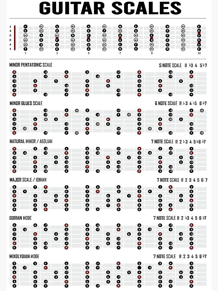 "Guitar Scales Minor Natural Major Dorian Mixolydian Poster" Poster for ...