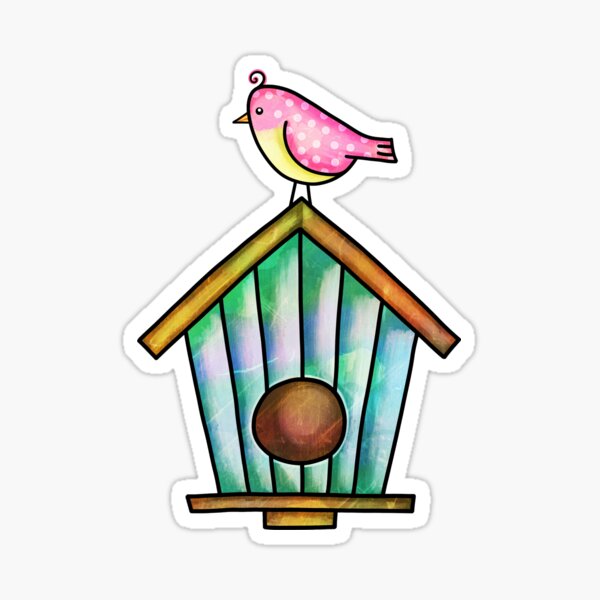"Colorful Birdhouse with a Beautiful Pink Bird" Sticker by BeardBros ...