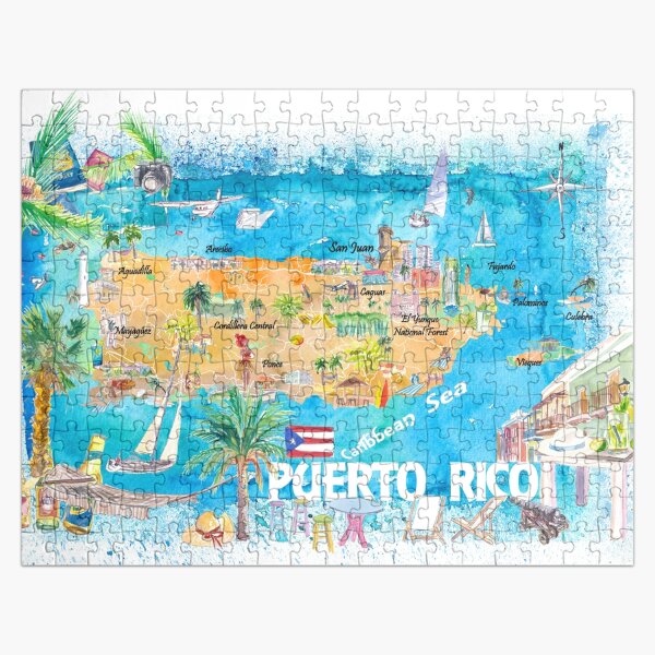 "Puerto Rico Islands Illustrated Travel Map with Roads and Highlights ...
