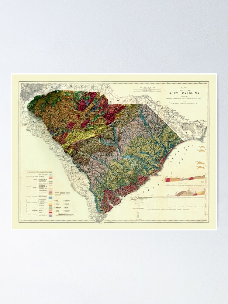 "1883 South Carolina Relief Map 3D digitally-rendered" Poster for Sale ...