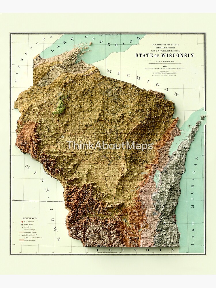 "1886 Wisconsin Relief Map 3D digitally-rendered" Art Print for Sale by ...