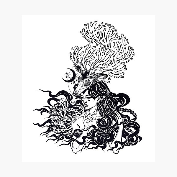 "A moon diety Selene. Pagan nature priestess with a blind deer head ...