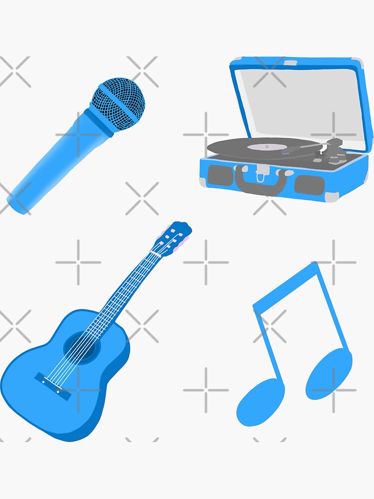"Blue Music collection, record player, guitar, microphone and musical ...