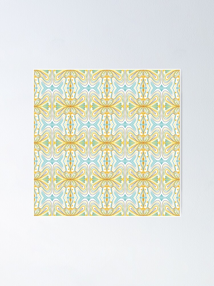"Tapestry style repeat pattern design in gold and pale blue" Poster for ...