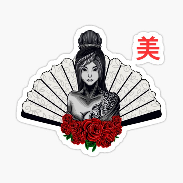 "Japanese Geisha With Tattoo and Roses" Sticker by Bel-Designs | Redbubble