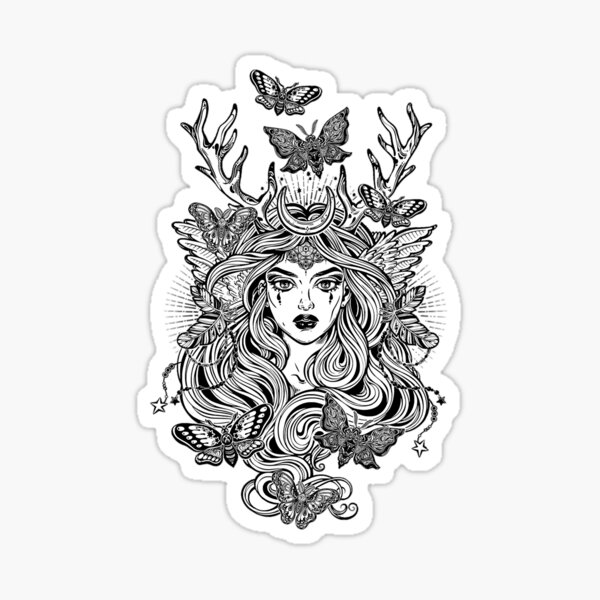 "Shaman elf magic woman with deer antlers and long hair, nightn moths ...