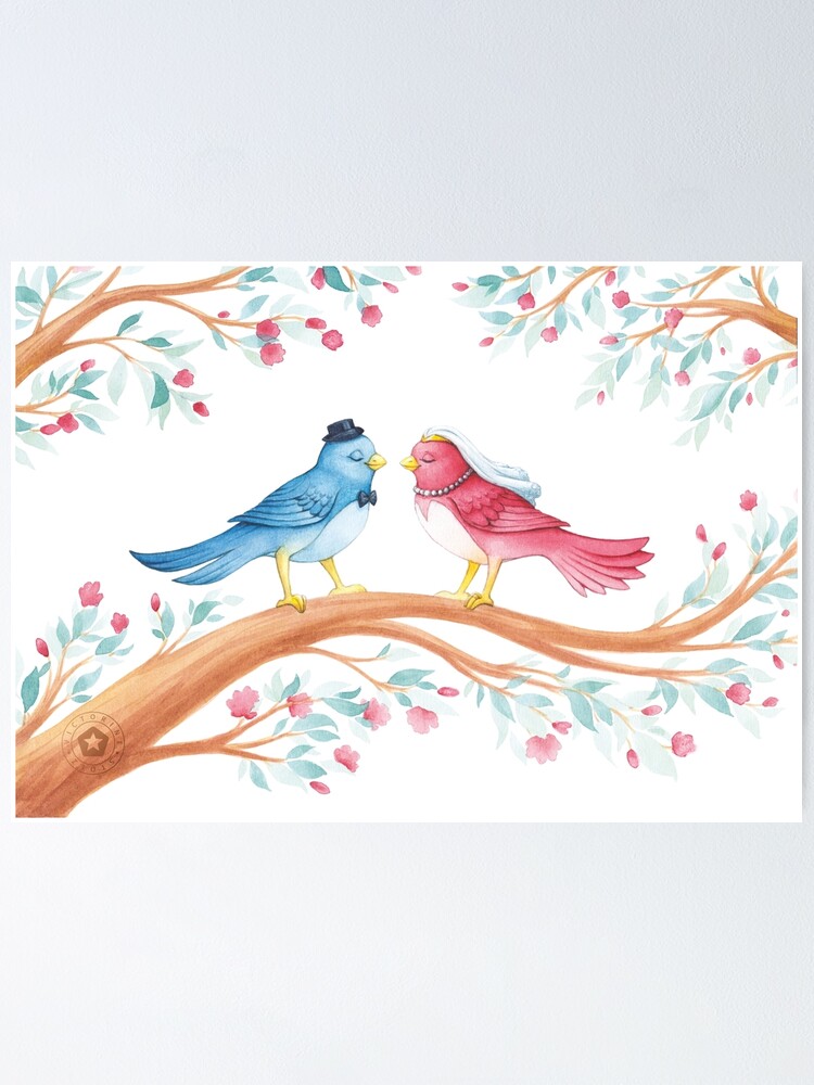 "Just married, birds in love" Poster for Sale by VictorineArt | Redbubble