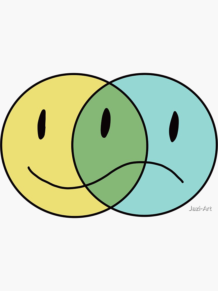 "Sad but happy, blue yellow and green emotions smiley face" Sticker for ...