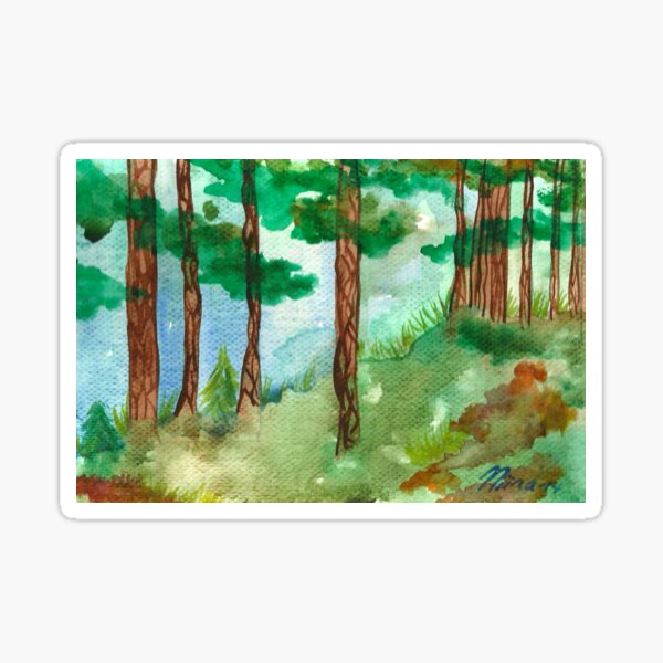 "Lake View and Pine Trees" Sticker by fairychamber | Redbubble