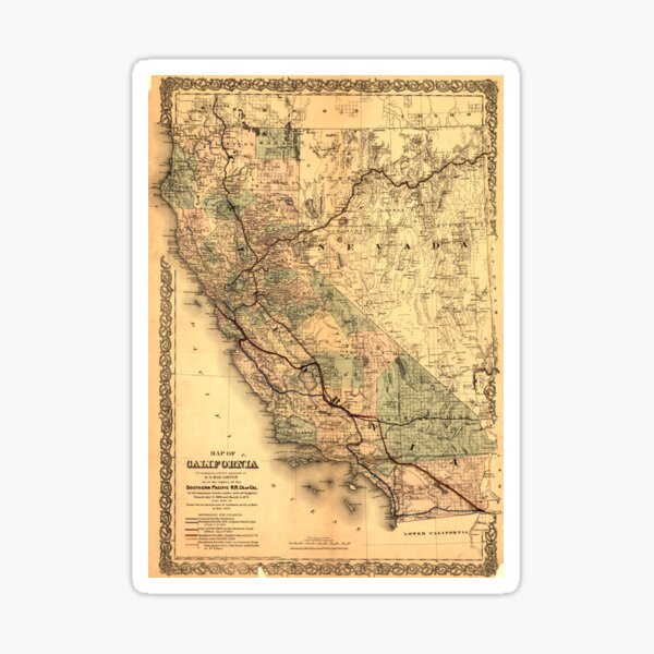 "California State Map, 1876 by Colton" Sticker by nextstepdesigns ...