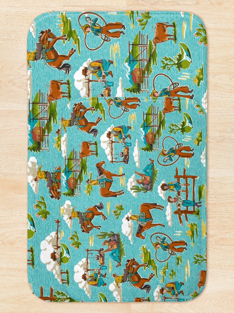 Retro Out West Cowboy and Cowgirl Pattern in Bright Blue | Bath Mat ...
