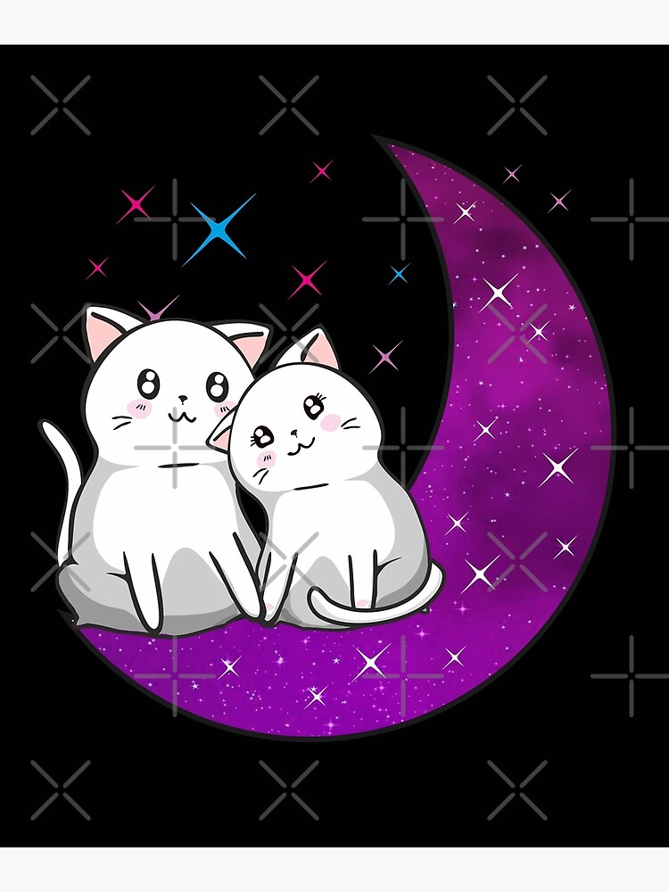 "Purple Moon Anime Cats Kawaii Aesthetic Manga Otaku Romantic Fantasy ...