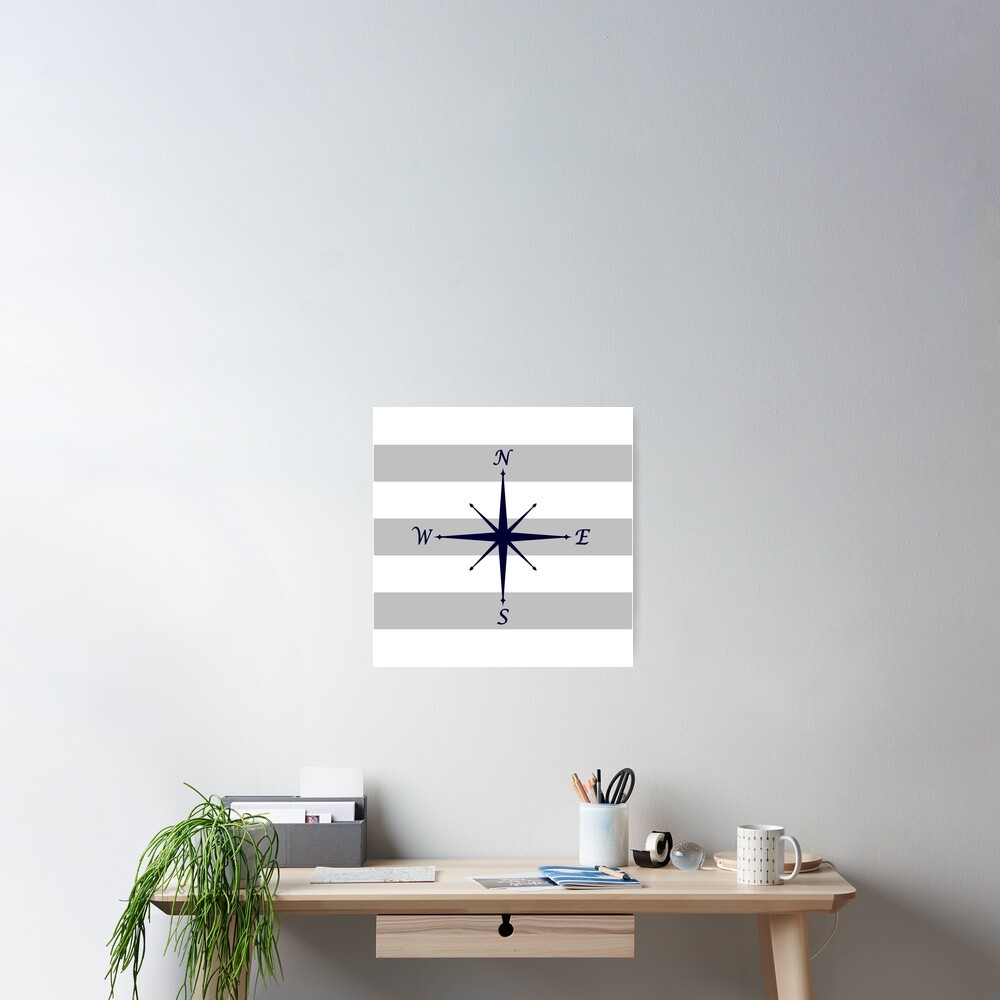 "Nautical Navy Blue Compass On Silver Gray and White Stripes" Pillow ...