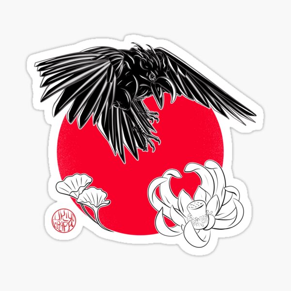 "Japanese crow and lotus flower" Sticker for Sale by Ukiyograph | Redbubble