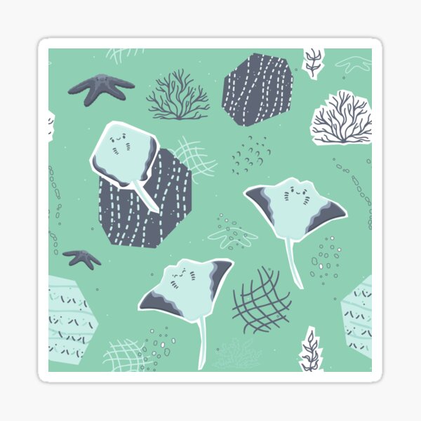"Cute cartoon stingray, starfish characters with algae, corals seamless ...