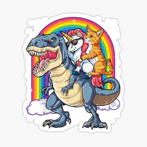 "Cat Unicorn Riding Dinosaur T rex Kitten Lover Space Galaxy" Sticker ...