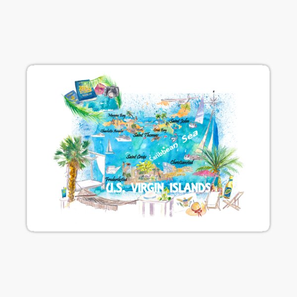 "US Virgin Islands Illustrated Travel Map with Roads and Highlights ...