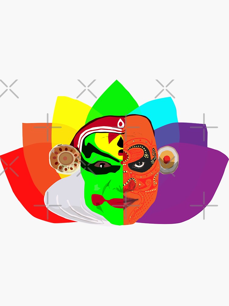"Kathakali and Theyyam face art with rainbow lotus background" Sticker ...