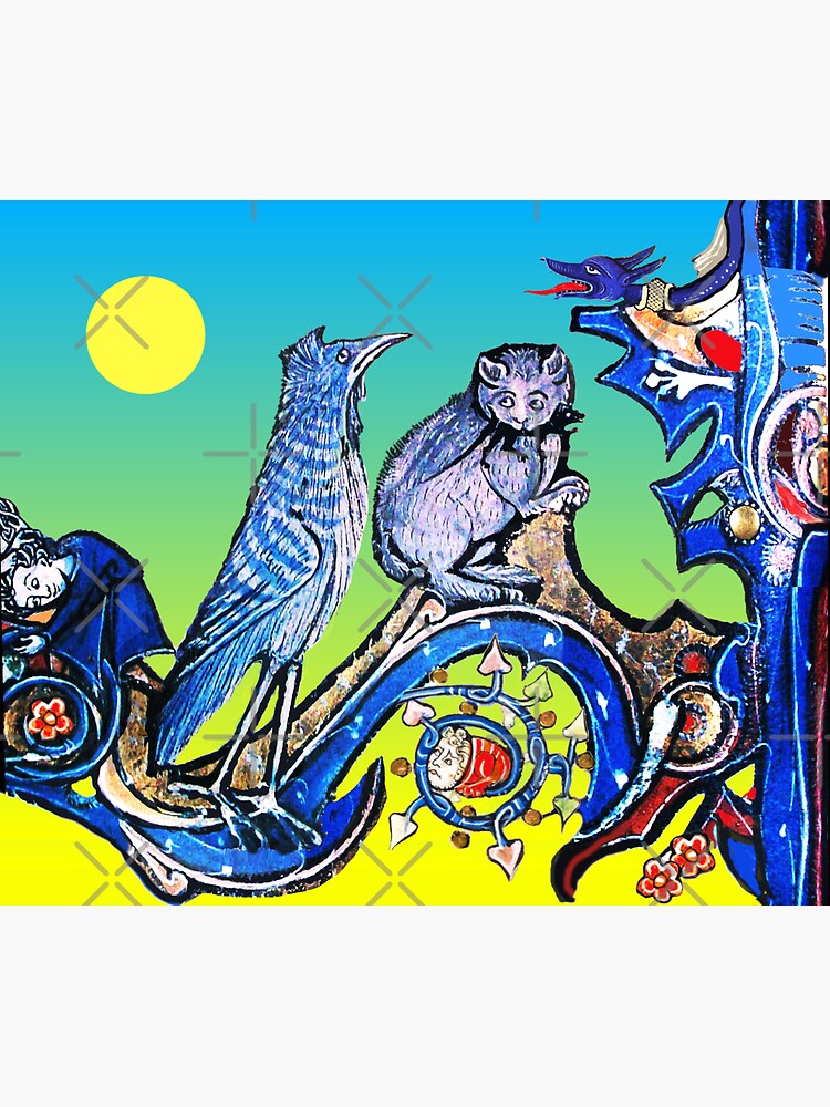 "WEIRD MEDEVAL BESTIARY, CAT AND CUCKOO BIRD IN BLUE YELLOW" Sticker ...