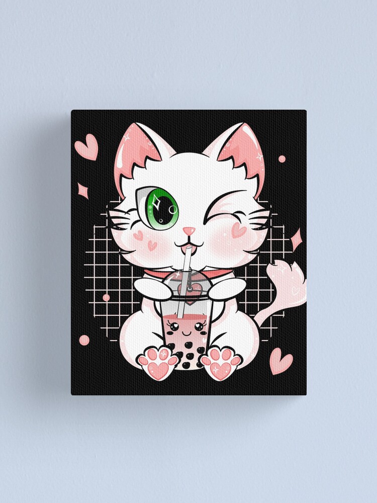 Japanese Kawaii Cat Boba Tea Bubble Tea Anime Neko Canvas Print For