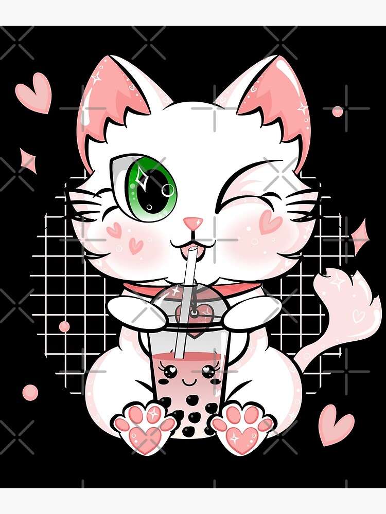 Japanese Kawaii Cat Boba Tea Bubble Tea Anime Neko Art Print For Sale