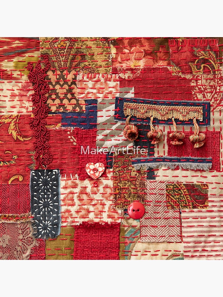 "Red Boro-inspired panel with sashiko stitching" Poster by MakeArtLife ...