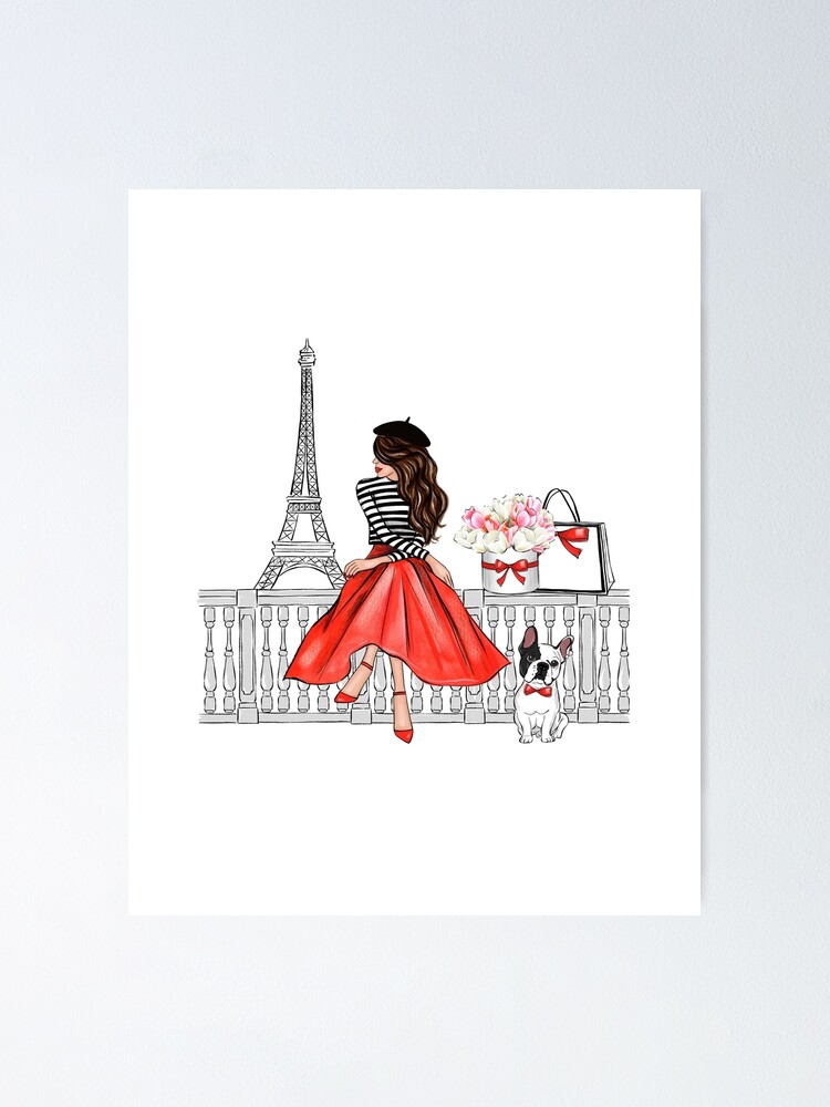 "Brunette girl in Paris red dress" Poster for Sale by Lalanacliparts | Redbubble