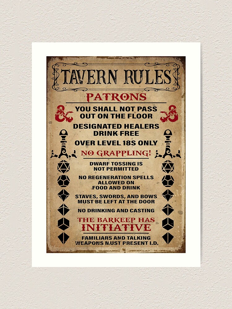 "Tavern Rules DnD Patronss The Barkeep Has Initiative Poster" Art Print ...