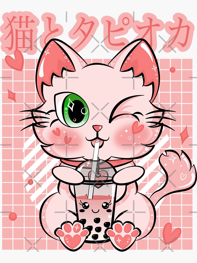 "Bubble Tea Kawaii Cat Japanese Red Cherry Tapioca" Sticker by ZNOVANNA ...