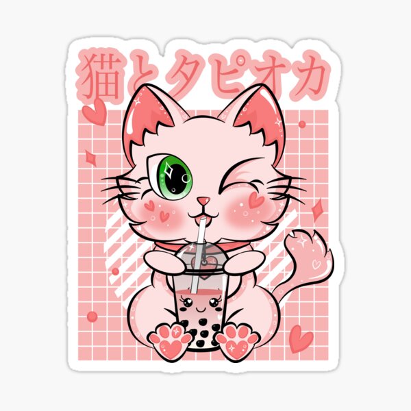 "Bubble Tea Kawaii Cat Japanese Red Cherry Tapioca" Sticker by ZNOVANNA ...