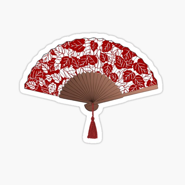 "Japanese Fan in Leaf Print, Dark Red" Sticker for Sale by Marymarice ...