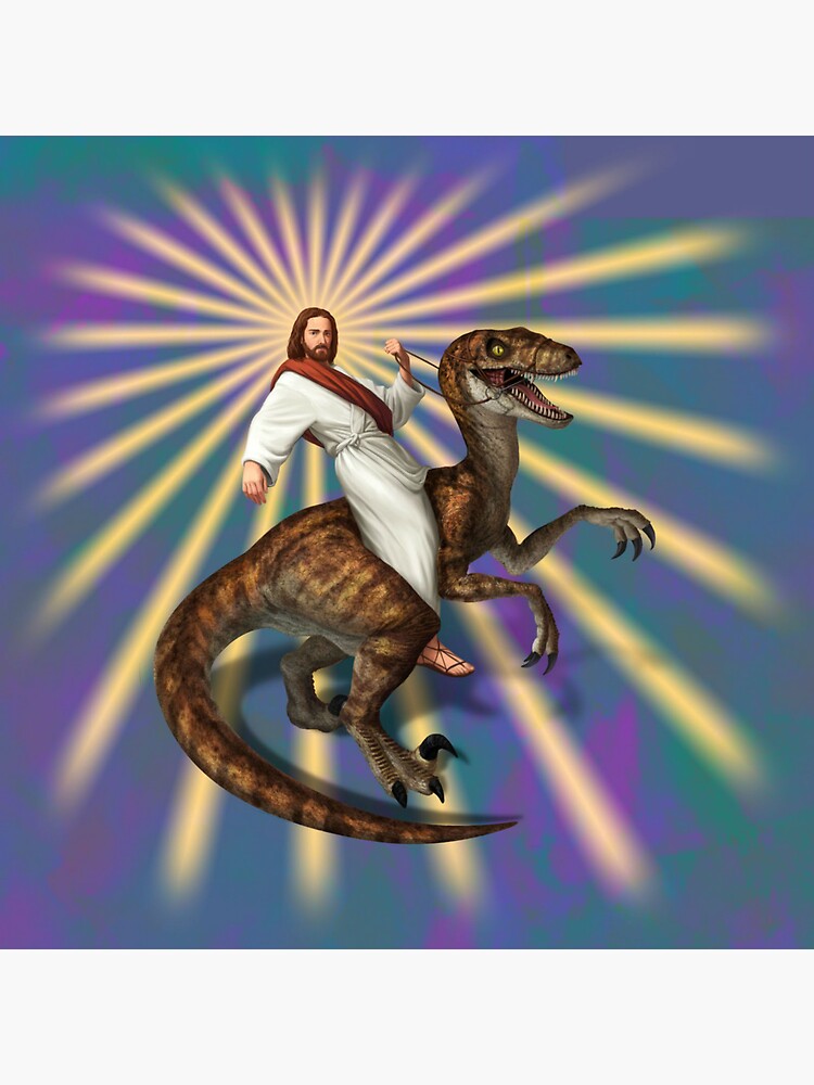 "JESUS RIDING A RAPTOR" Sticker by legendofXD | Redbubble