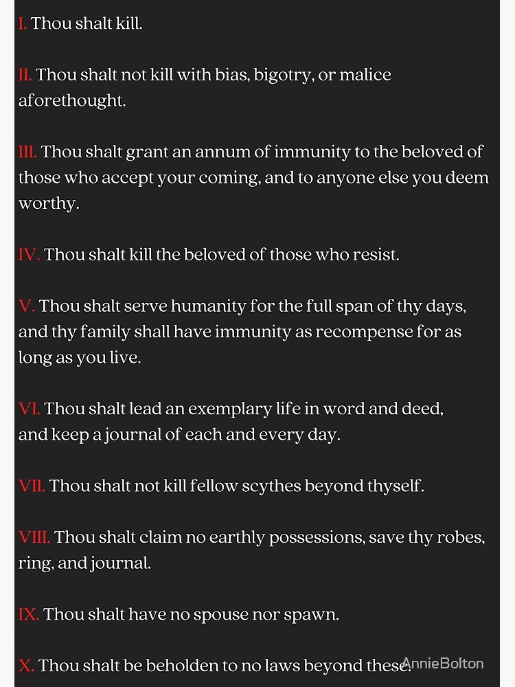 "Ten Commandments of a Scythe from Arc of a Scythe by Neal Shusterman ...